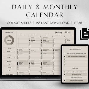 Digital Daily Monthly Calendar Template | Productivity Tracker | Daily ...