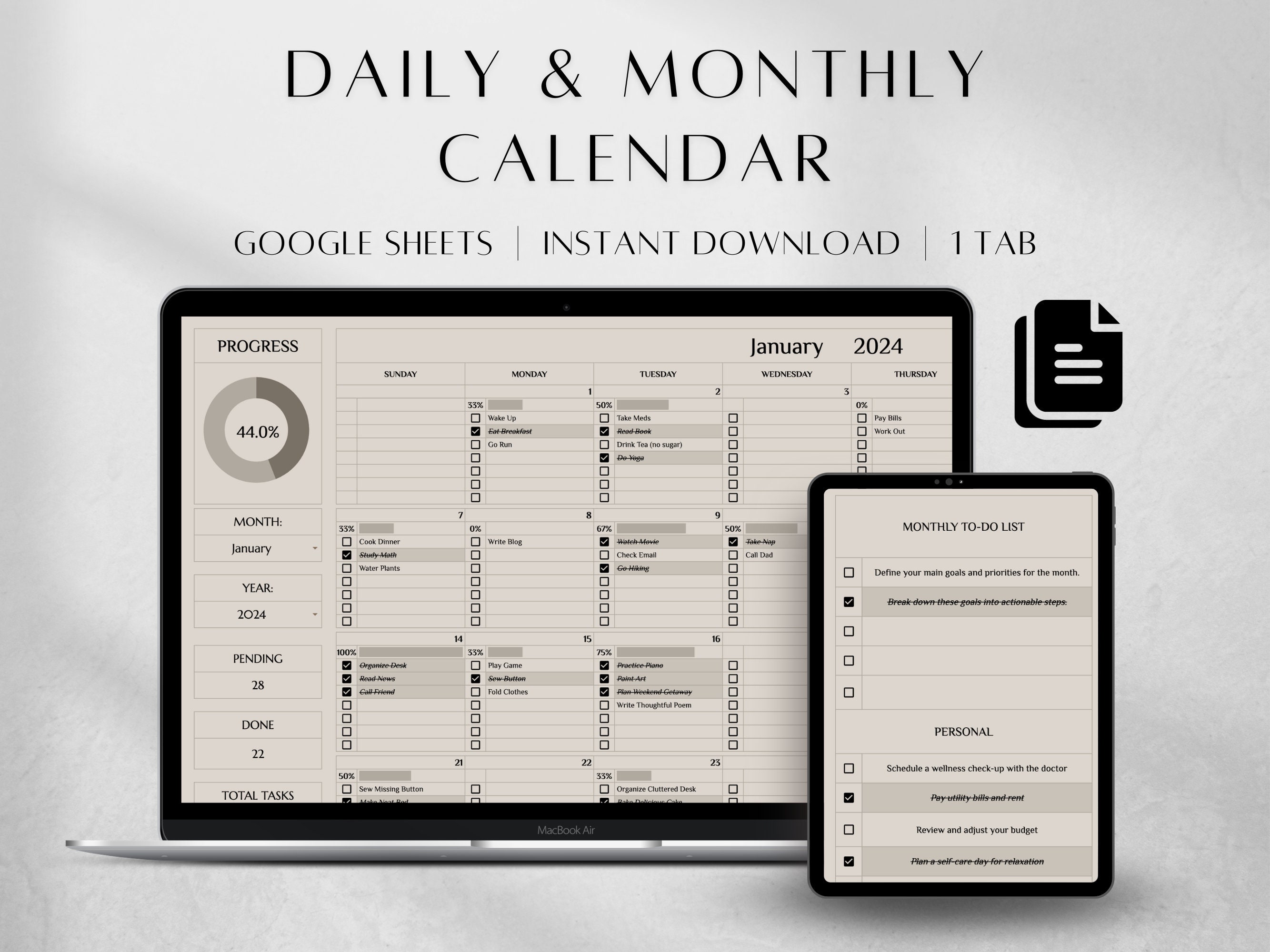 Digital Daily Monthly Calendar Template | Productivity Tracker | Daily ...