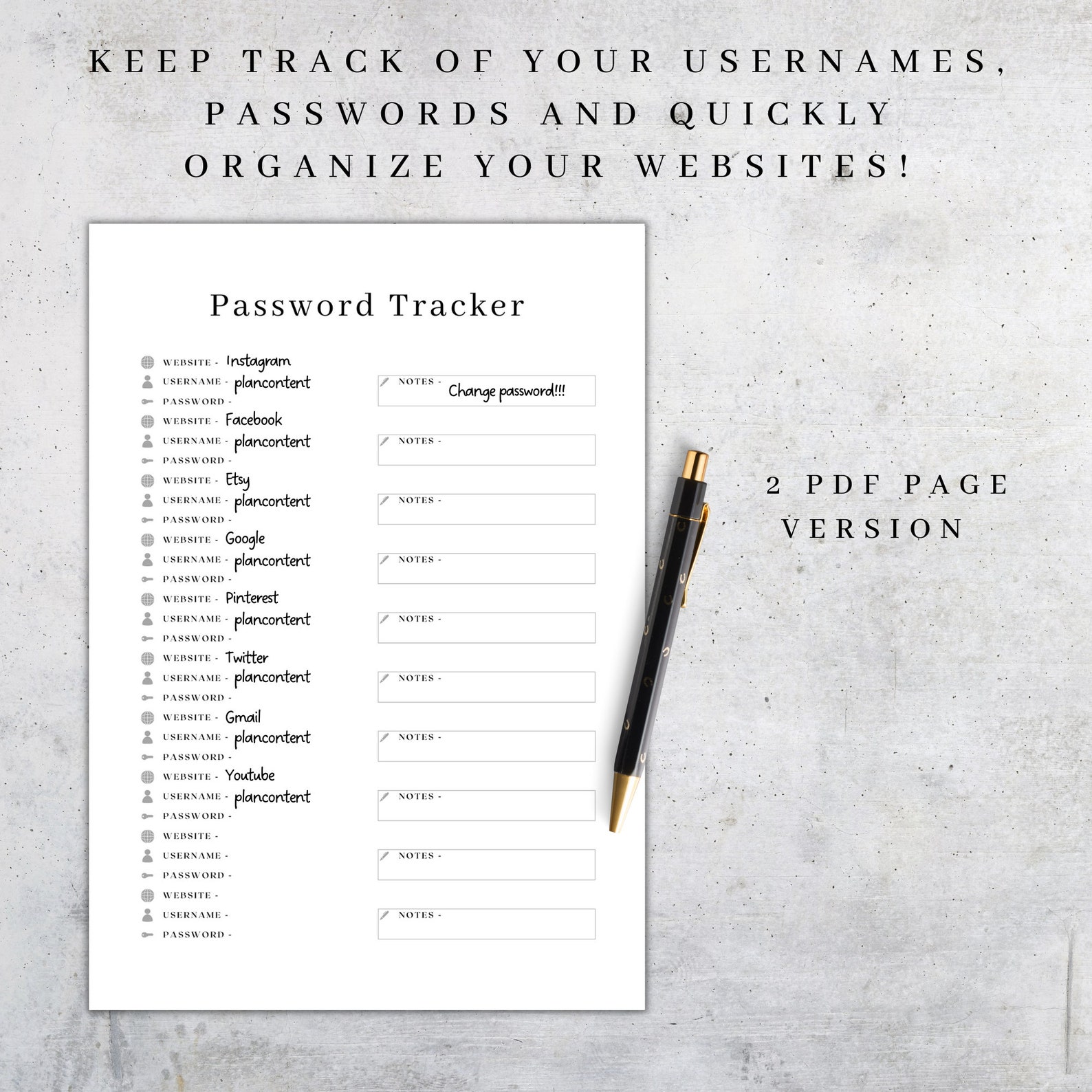 Password Tracker Printable Password Log PDF Password - Etsy