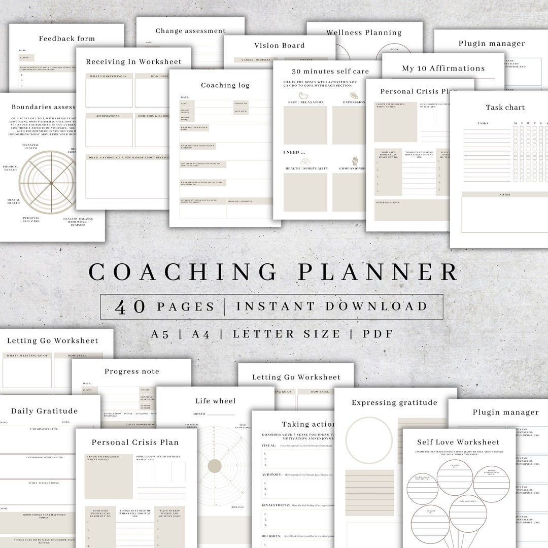 Coaching Planner Printable | Digital Life Coach Journal Pages | Wellness Worksheet Bundle ...
