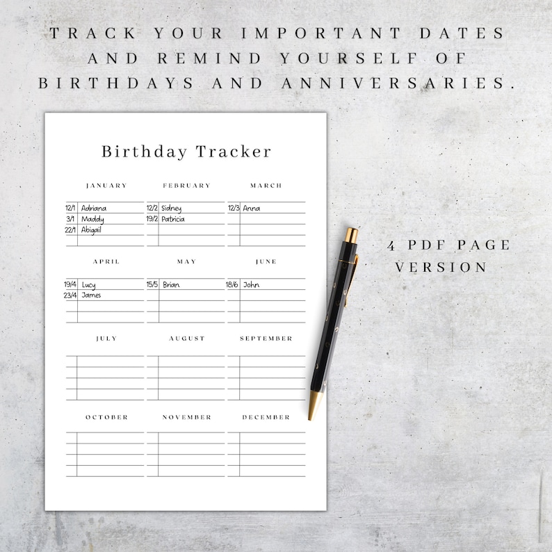 Important Dates Printable Birthday Tracker List Yearly - Etsy