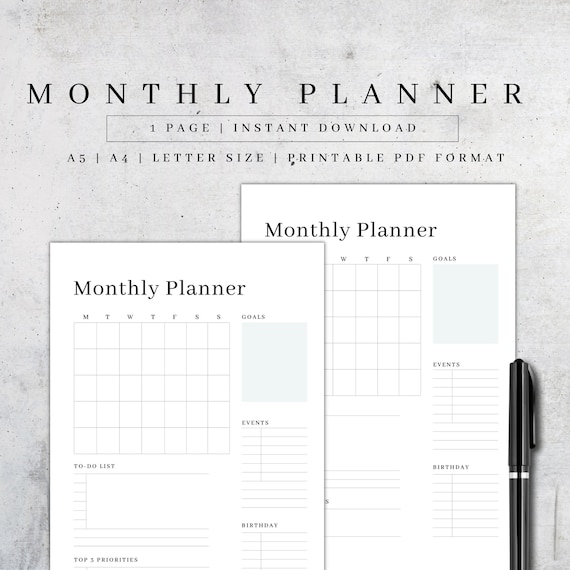 Monthly Planner Printable Undated Month Pages 2022 Monthly | Etsy