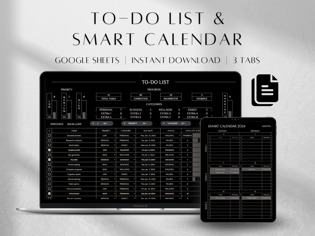 To Do List & Smart Calendar Template Google Sheets | Task Tracker Template | Checklist ...