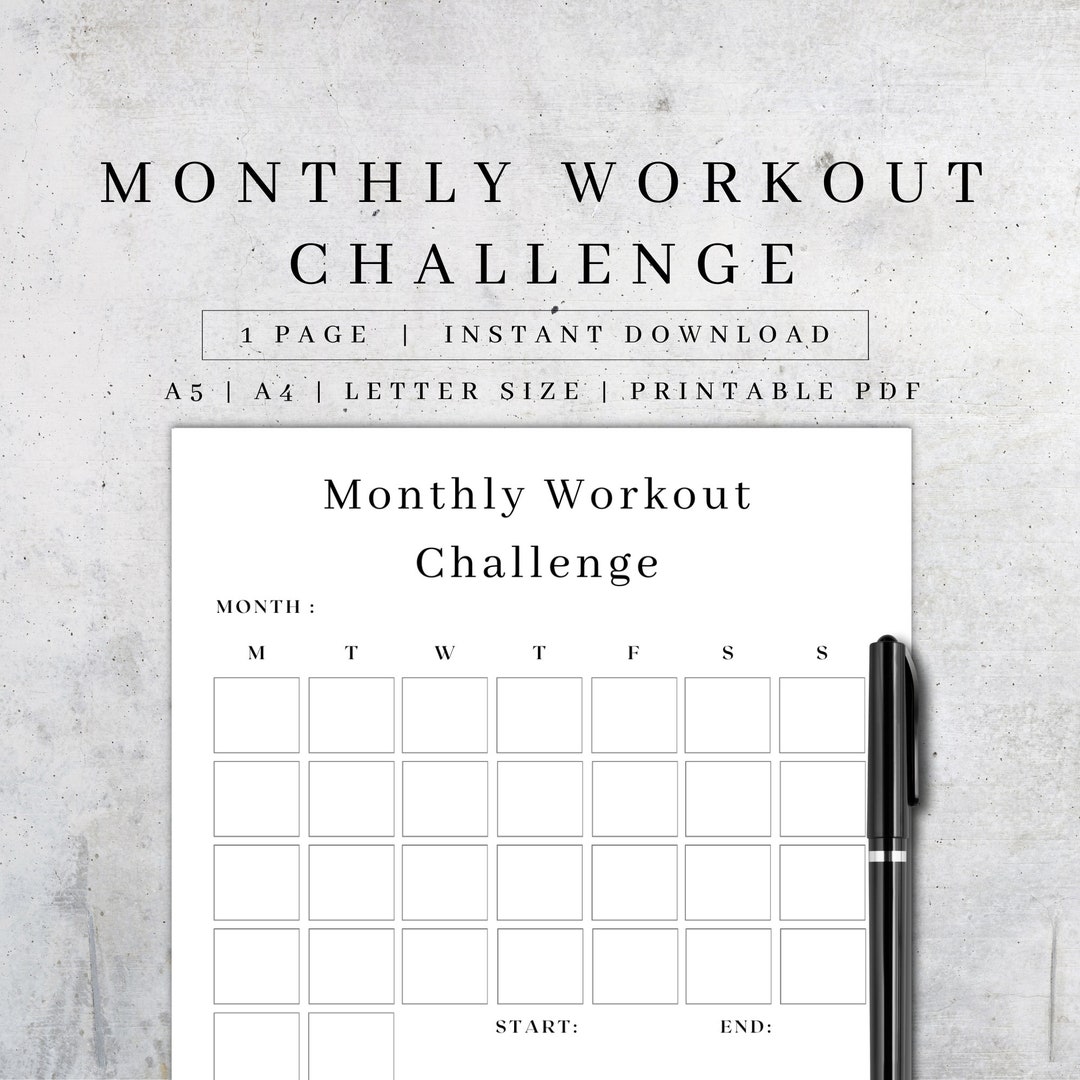 Monthly Workout Challenge Sheet Printable | Digital Fitness Journal ...
