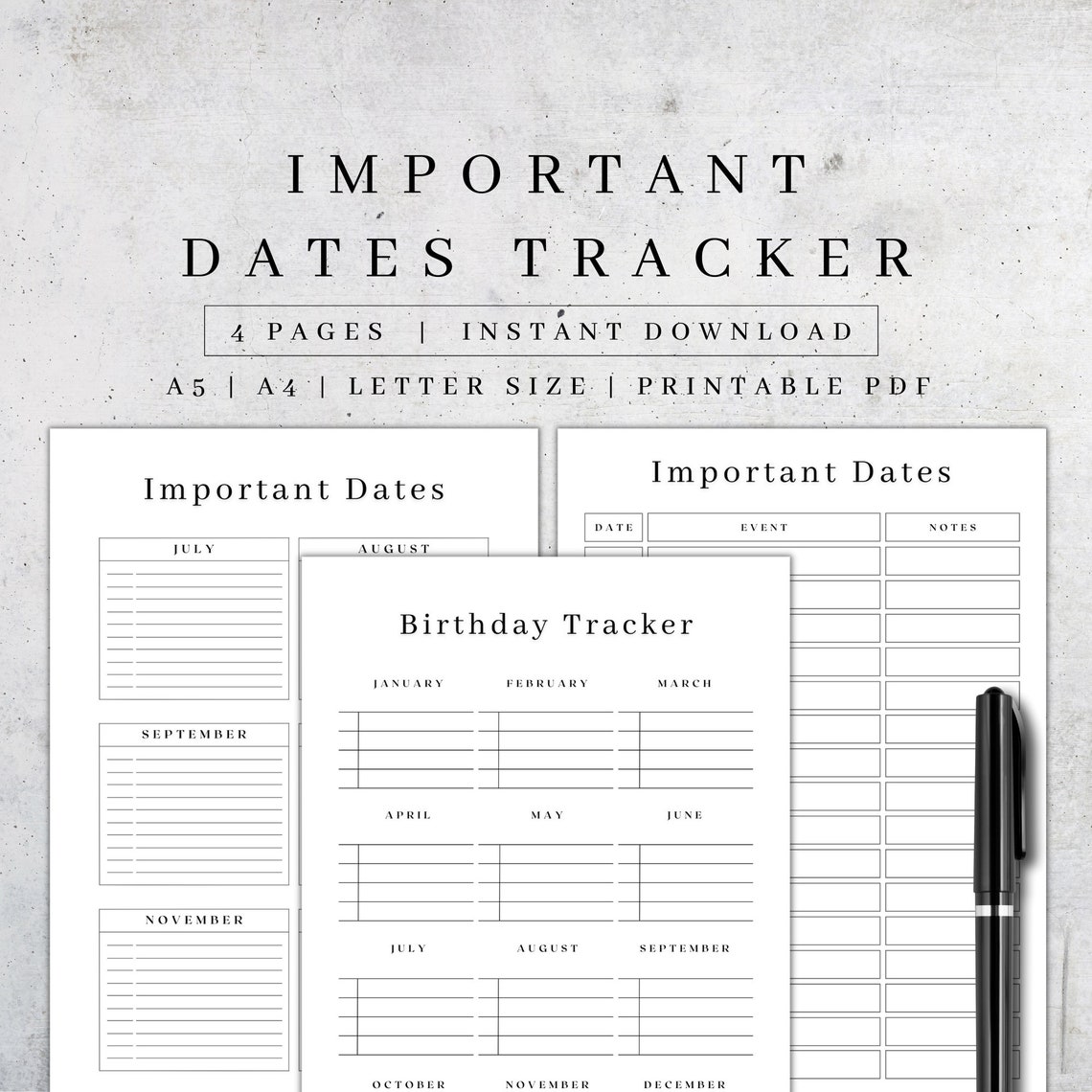Important Dates Printable | Birthday Tracker List | Yearly Calendar ...