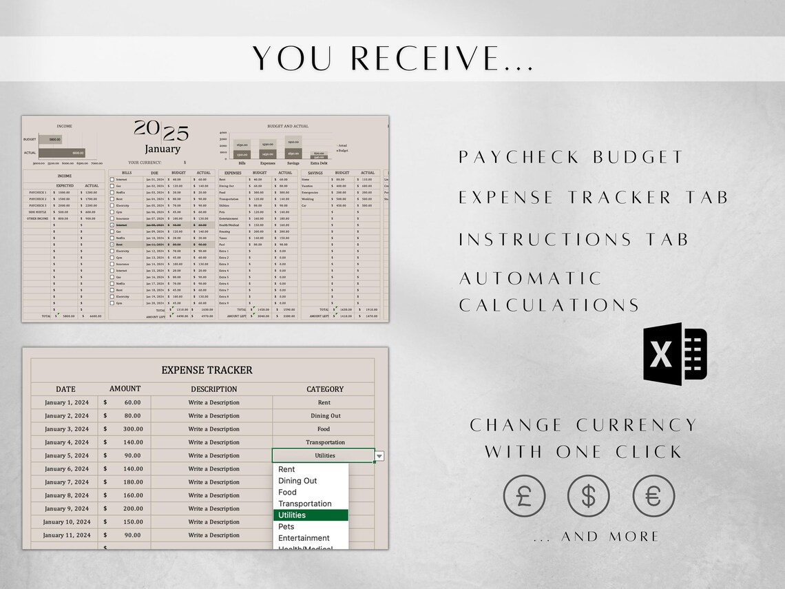 Paycheck Budget Excel Spreadsheet | Monthly Budget Template | Budget by ...