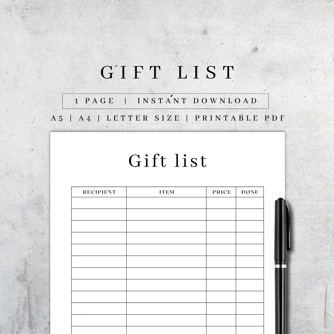 Printable Gift List Page | Shopping List Tracker PDF | Gift Ideas ...