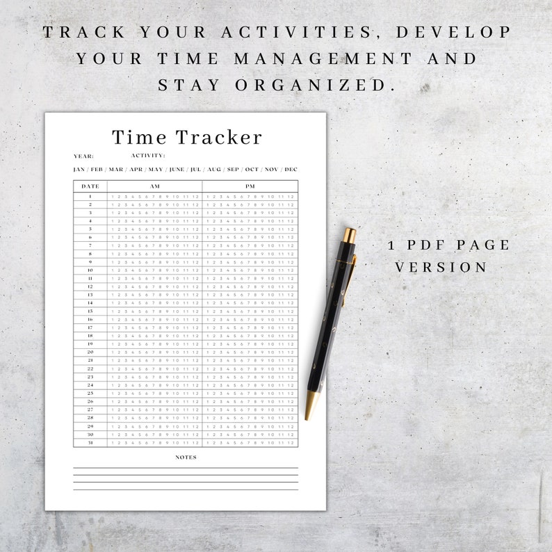Printable Time Tracker Page Time Management Yearly - Etsy