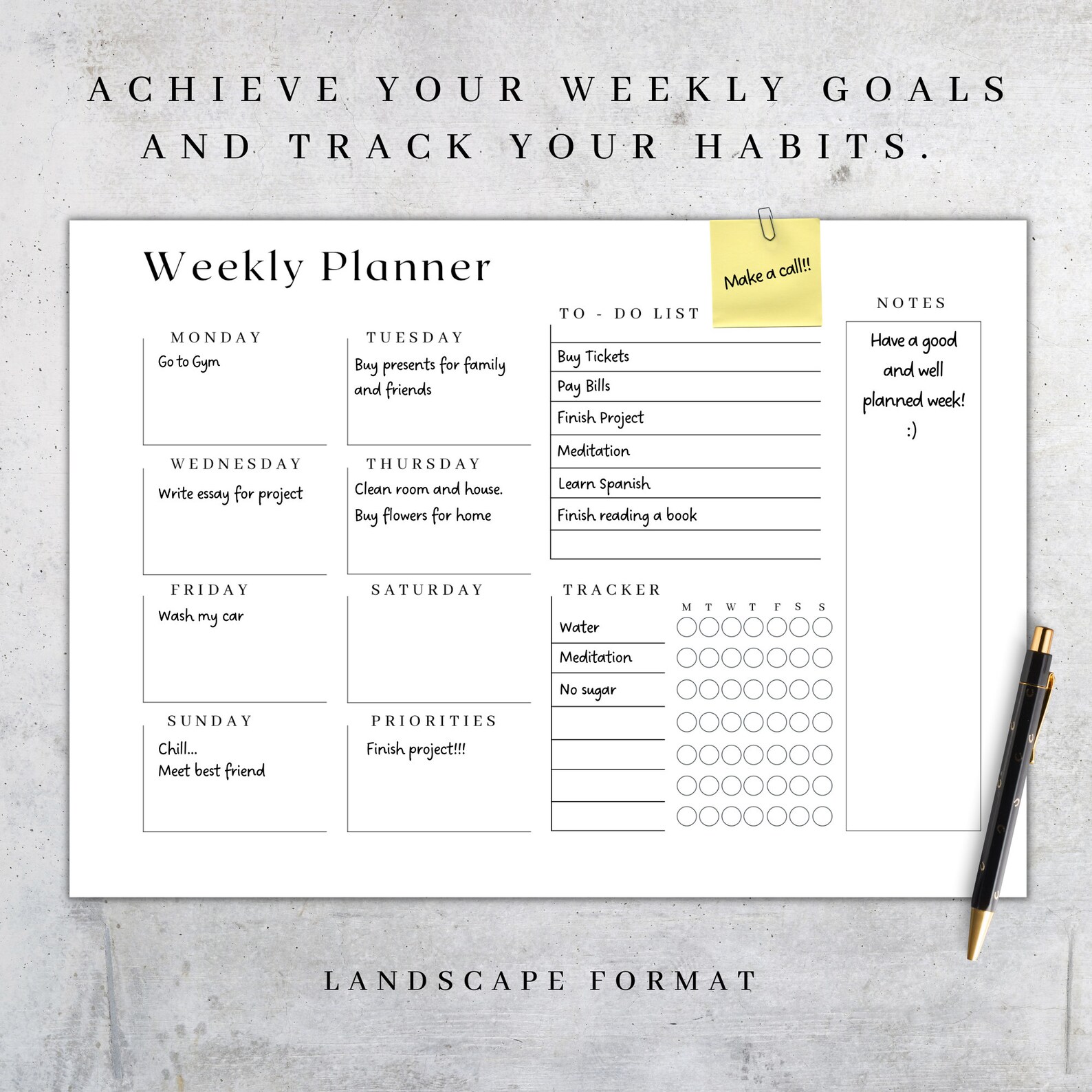 Printable Weekly Planner Landscape Pdf Minimalist Weekly - Etsy