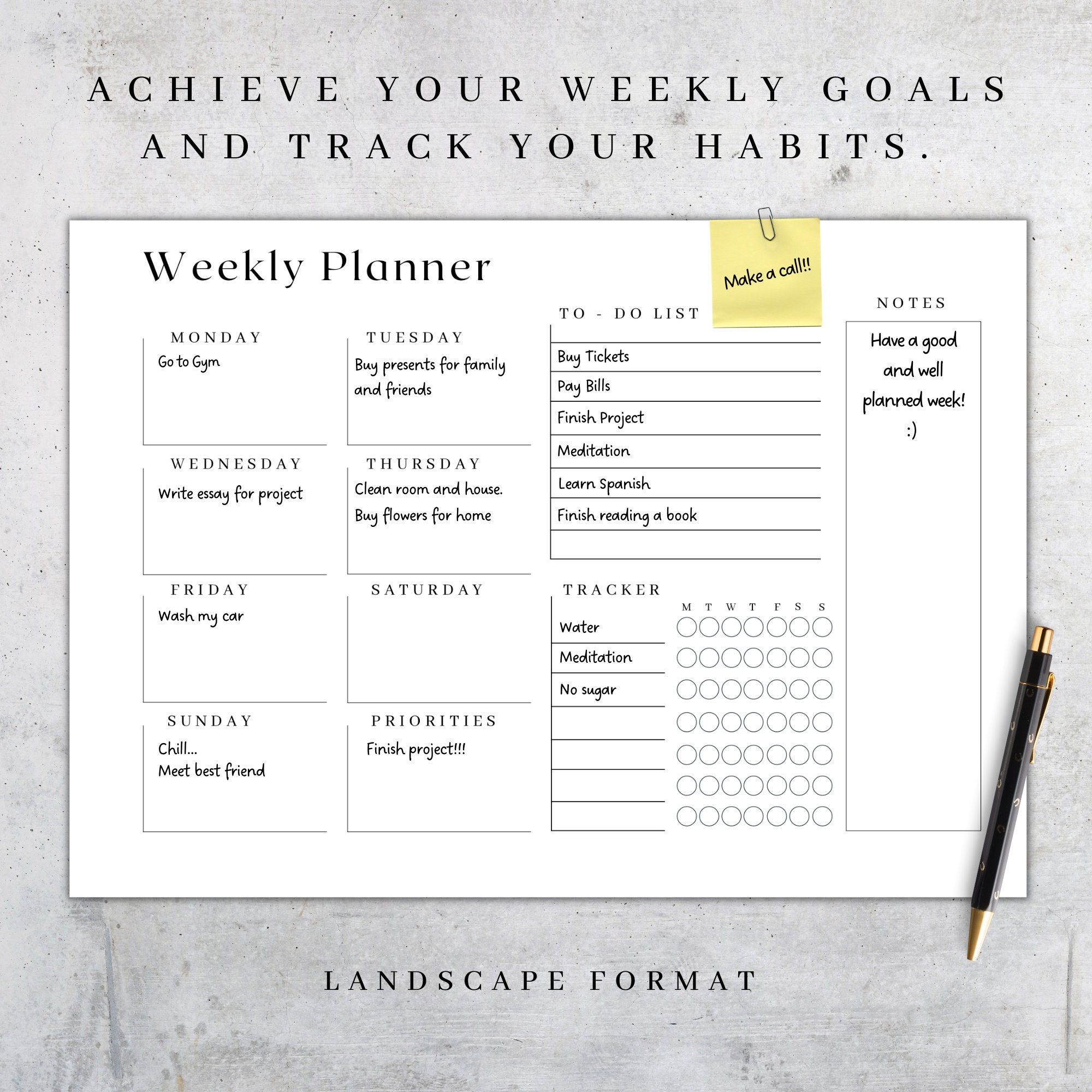 Printable Weekly Planner Landscape Pdf Minimalist Weekly - Etsy