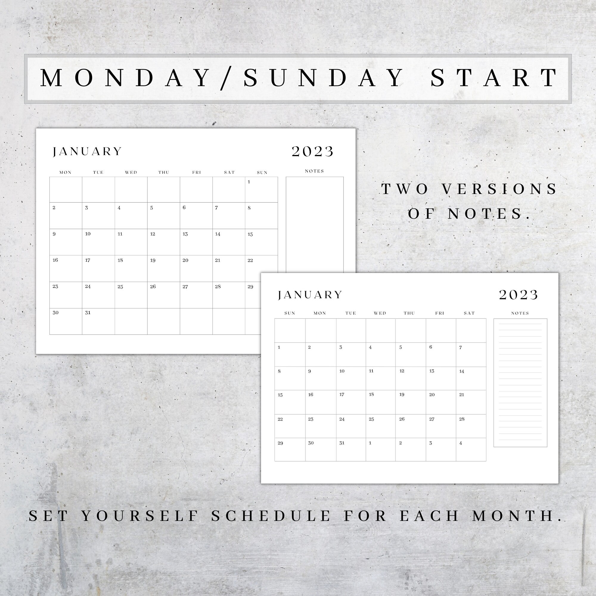 Printable Monthly Calendar With Notes Digital 2023 Calendar - Etsy Ireland
