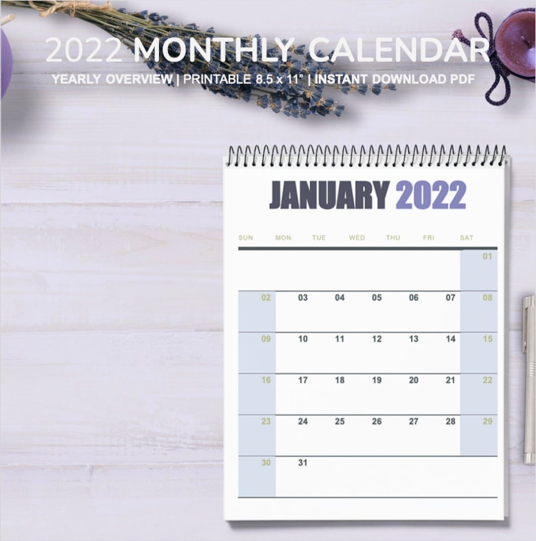 2022 Modern Minimalist Printable Wall Calendar, Year Overview, Instant ...