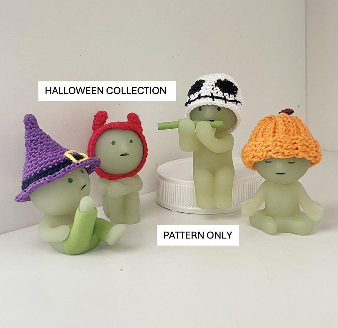 Smiski Halloween Hats Crochet Pattern: Pumpkin, Witch, Devil, Skeleton ...