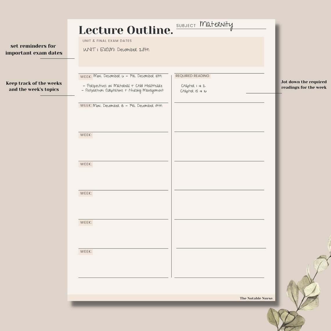 Minimalist Nursing School Lecture Outline | Syllabus Organizer | Weekly ...
