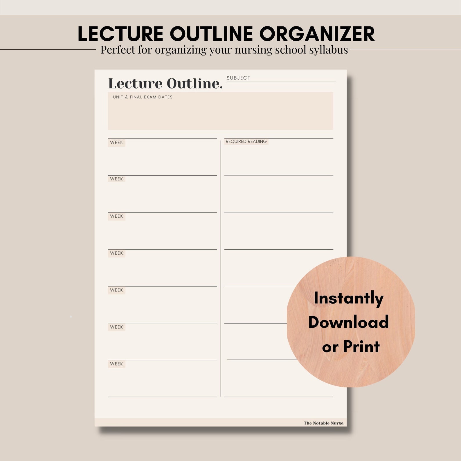 Minimalist Nursing School Lecture Outline | Syllabus Organizer | Weekly ...