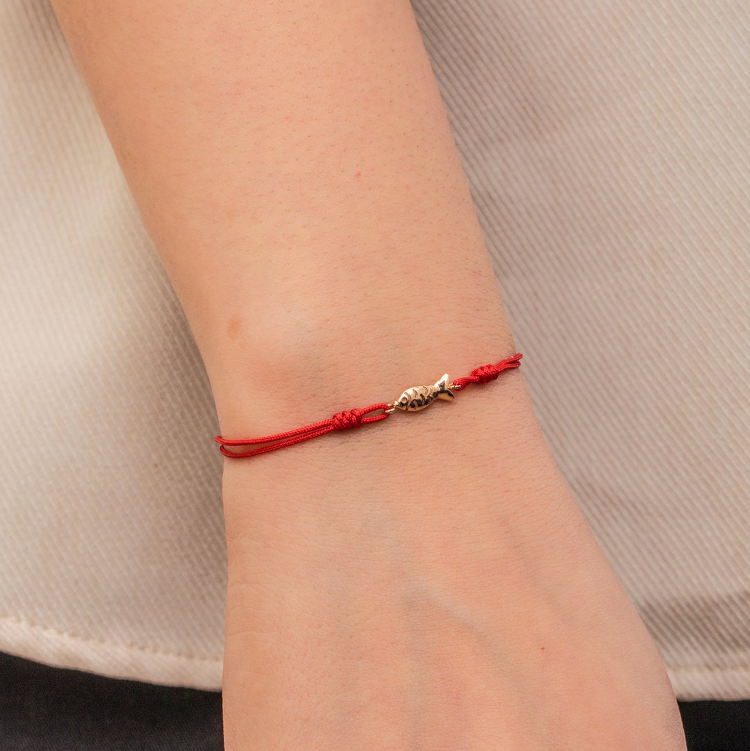 Tiny Fish String Bracelet, 14K 18K Real Gold Red Rope Bracelet ...