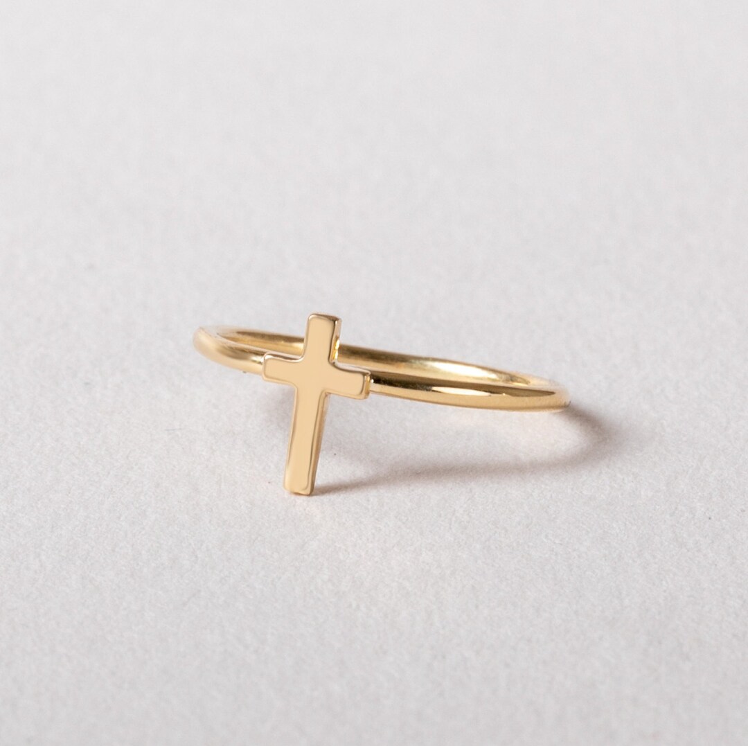 Protection Cross Solid Gold Ring • 14k Solid Gold Midi Cross Ring ...