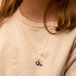 Cute Fish Enamel Evil Eye Pendant • 14k Solid Gold Blue Fish Animal ...