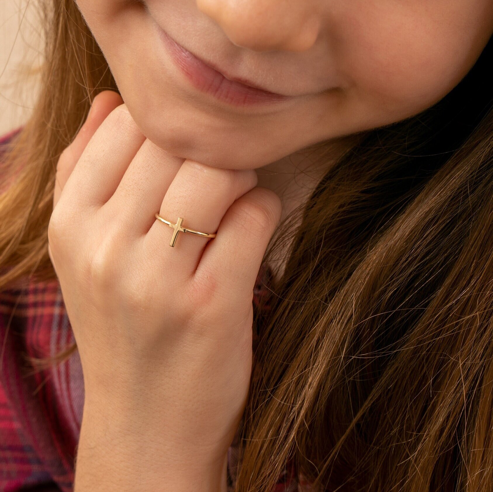 Protection Cross Solid Gold Ring • 14k Solid Gold Midi Cross Ring ...
