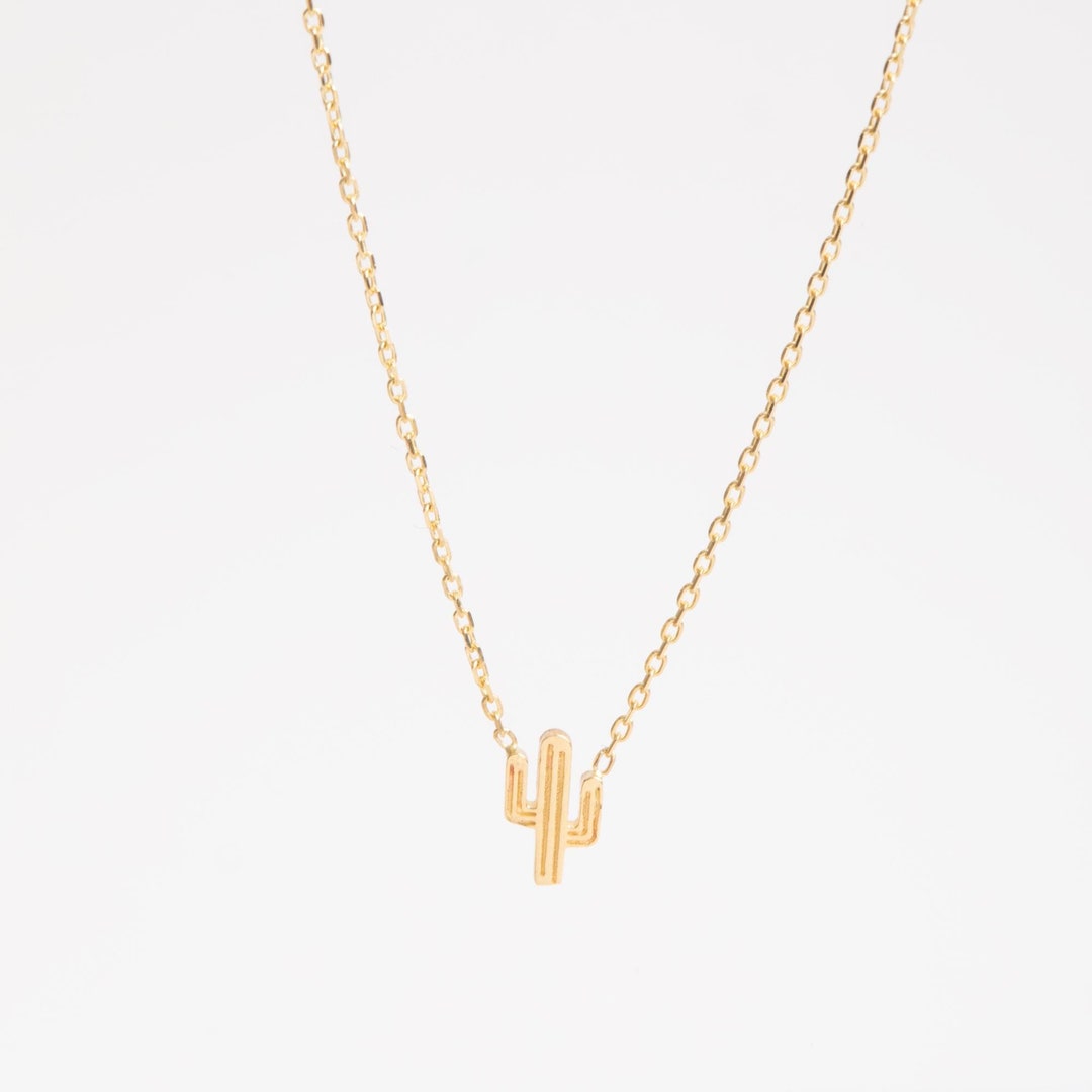 14K or 18K Solid Gold Cactus Charm Necklace, Minimalist Desert Pendant ...