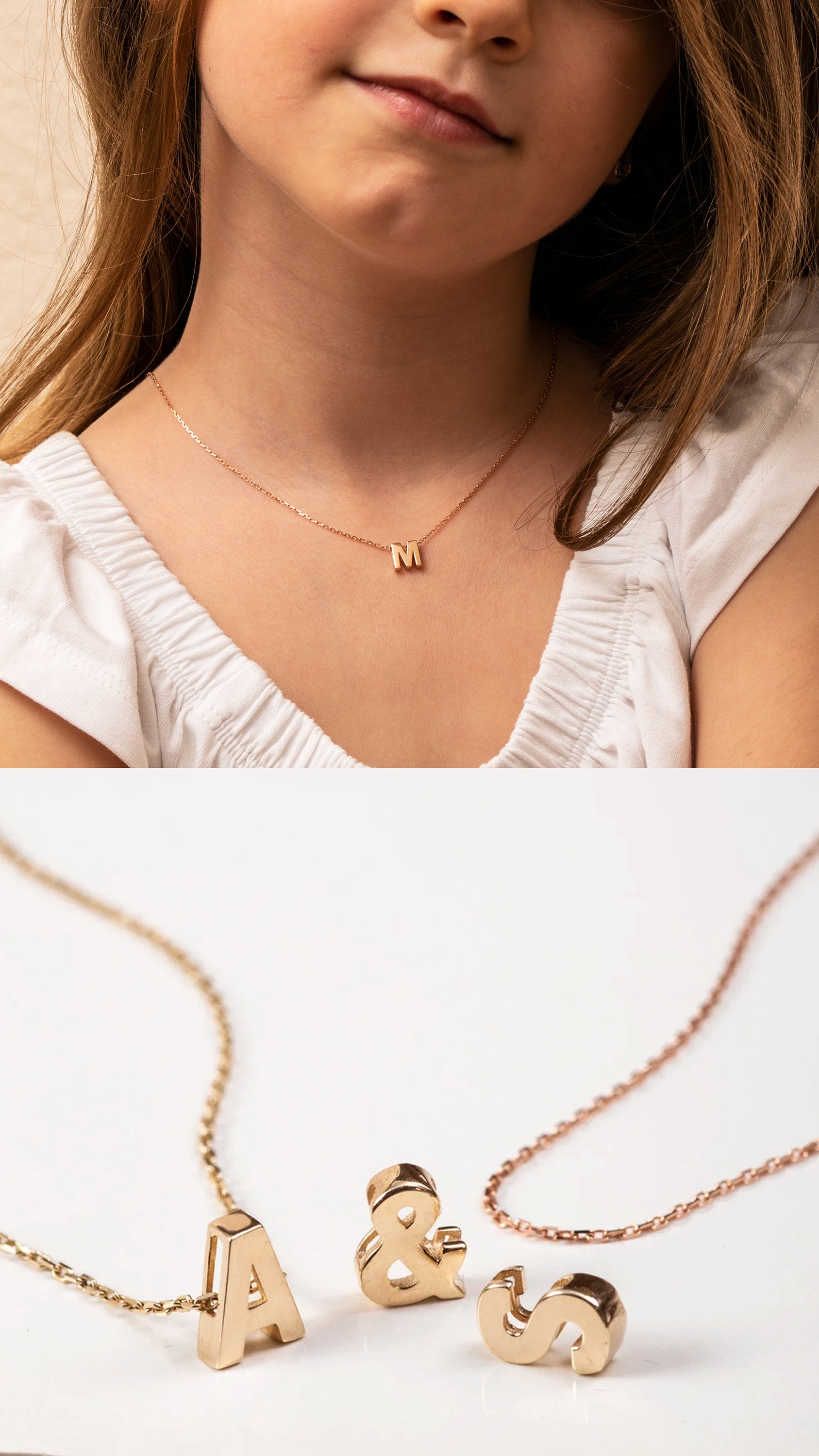 Custom Initial Solid Gold Necklace for Kids 14K Solid Gold Alphabet and ...