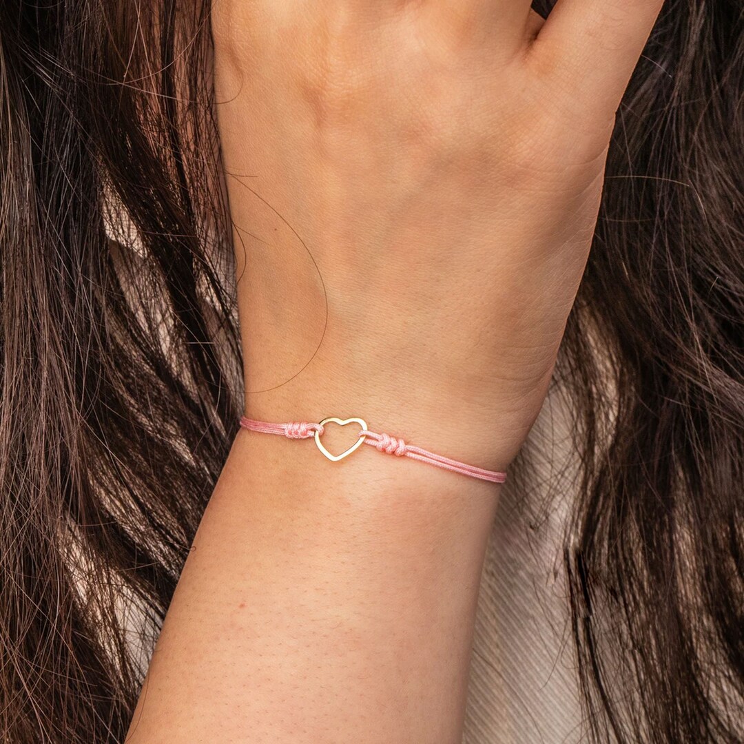 Open Heart Rope Bracelet, 14K 18K Real Gold Adjustable Bracelet, Cute ...