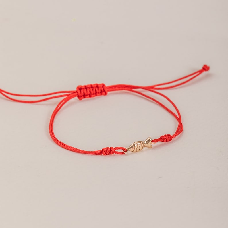 Tiny Fish String Bracelet, 14K 18K Real Gold Red Rope Bracelet ...