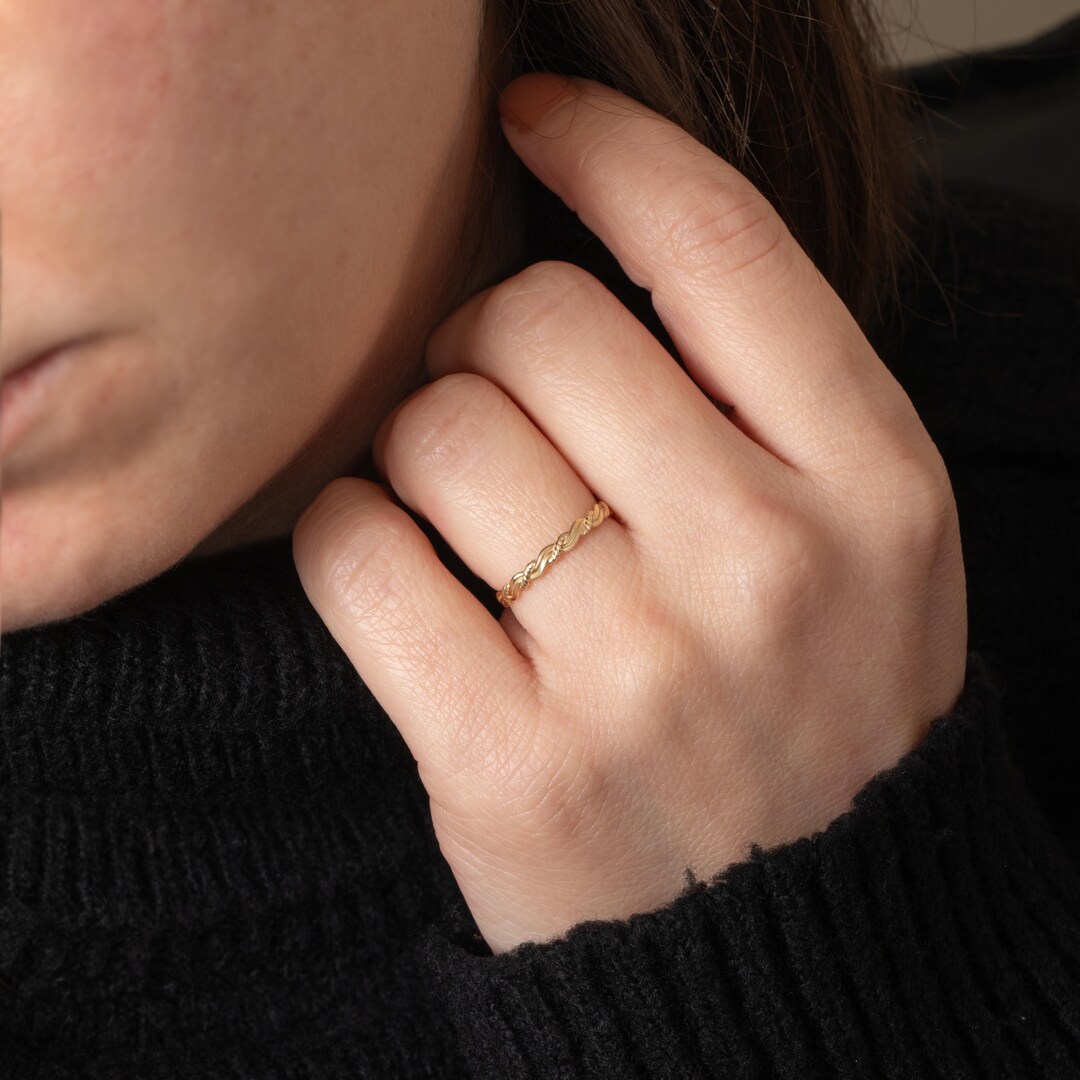 Braided Rope Gold Ring, 14k 18k Solid Gold Twisted Vine Band, Delicate ...