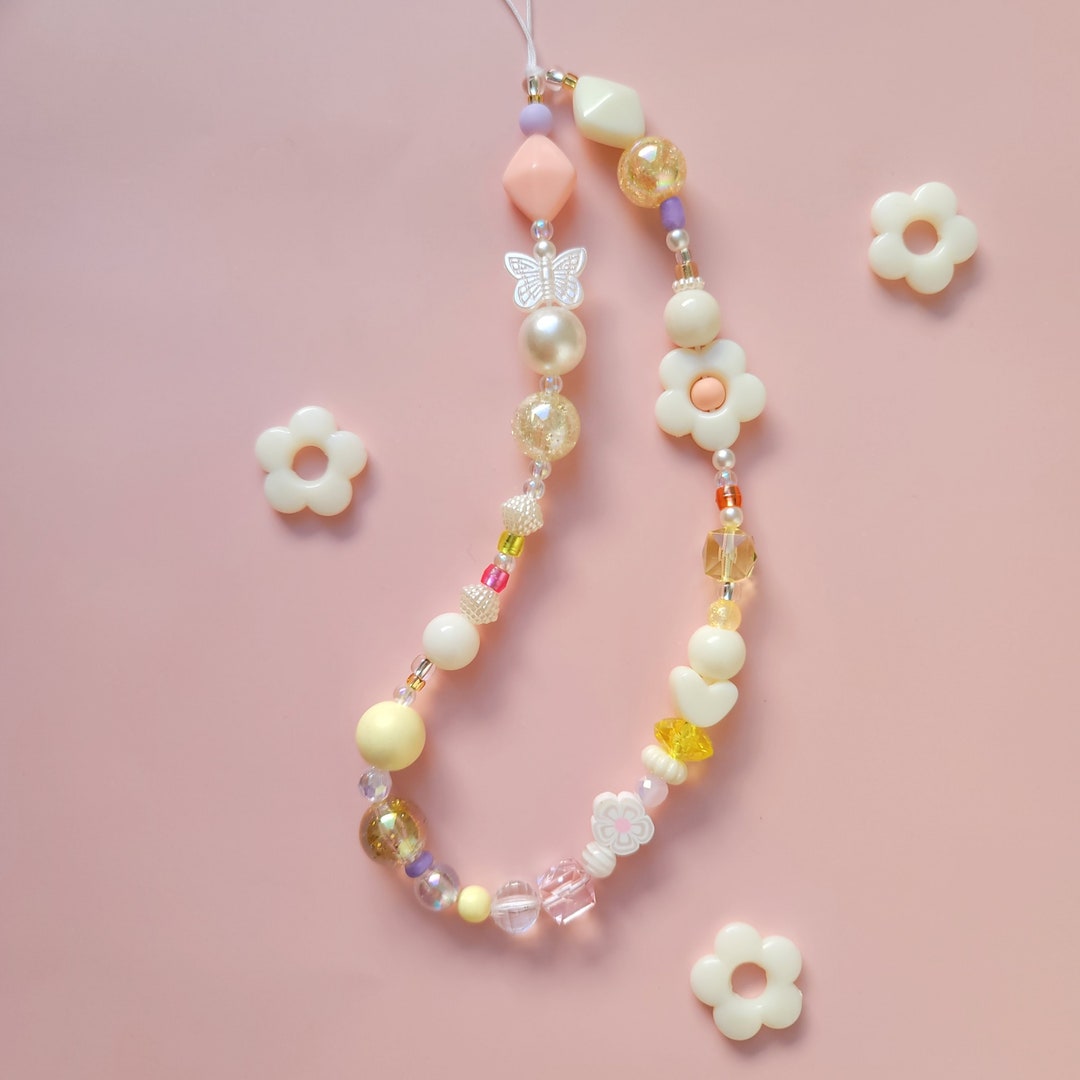 Ivory Flower Butterfly Pastel Color Phone Charm, Bead Phone Strap, Girl ...