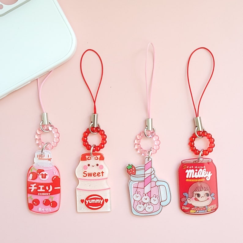 Cute Drinks Phone Charm Kawaii Keychain Strawberryyakult - Etsy