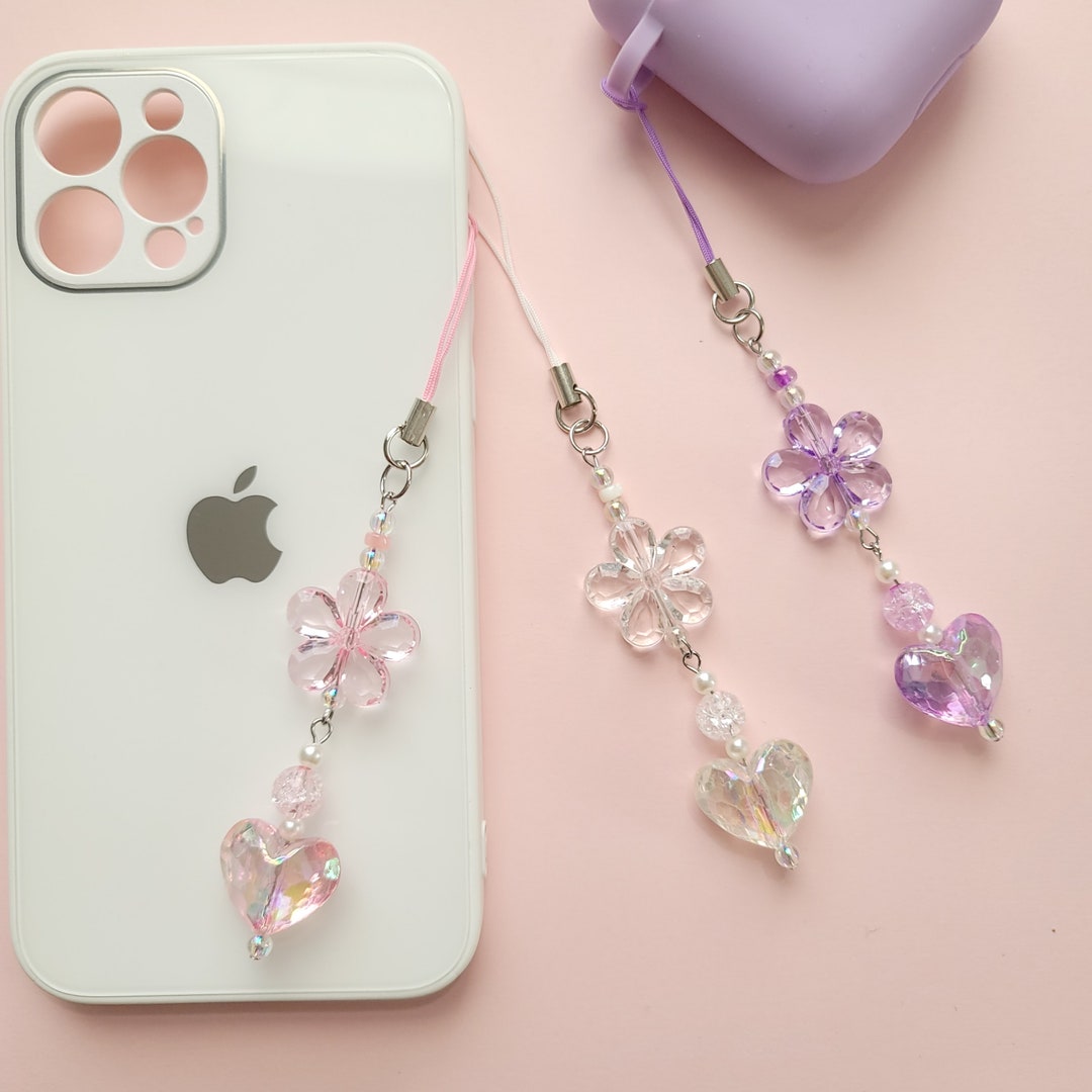 Cute Phone Charm Strap, Kawaii Beaded Phone Chain,shining Heart Flower ...