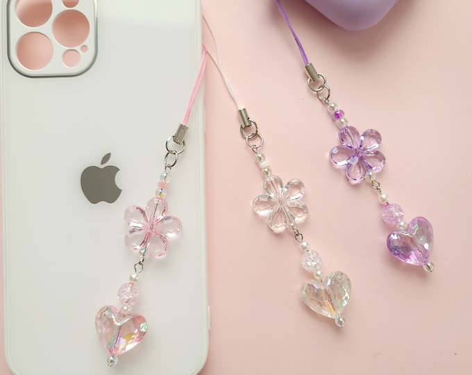 Cute Phone Charm Strap, Kawaii Beaded Phone Chain,shining Heart Flower ...