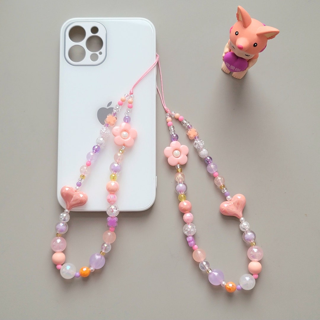 Pink Purple Phone Charm, Lovely Heart, Beaded Phone Strap,cute Phone ...