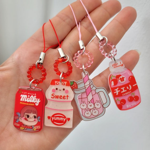 Cute Drinks Phone Charm Kawaii Keychain Strawberryyakult - Etsy