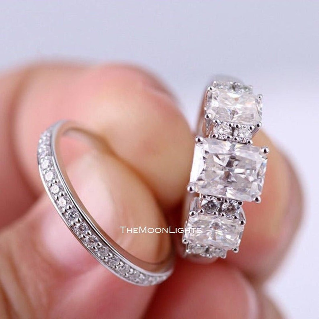 Radiant Cut 3 Stone Engagement Ring Set: 4.90TCW Lab Diamond, Sterling ...
