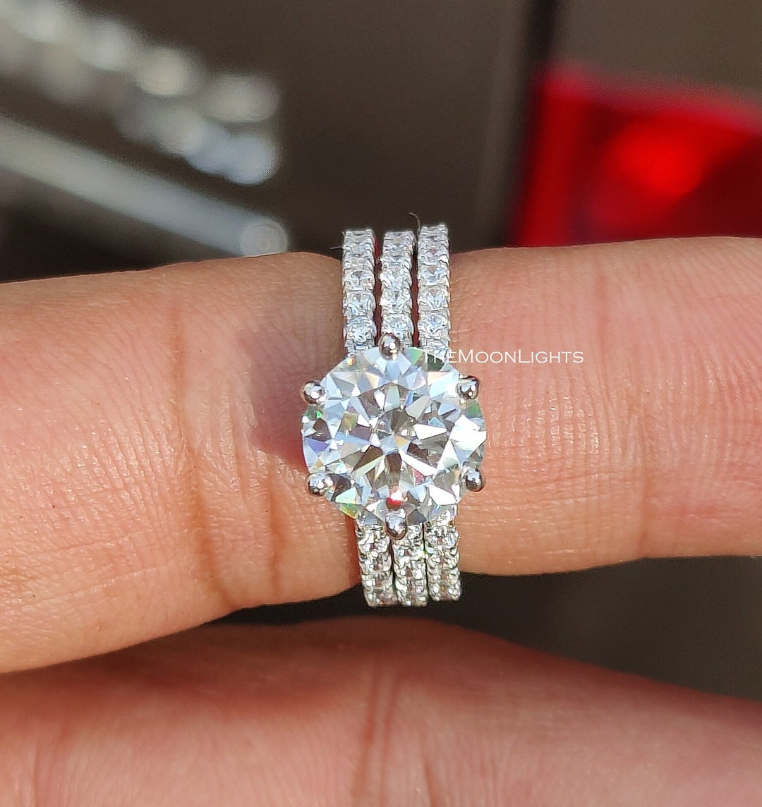 3CT Round Lab Diamond Engagement Ring Set: Sterling Silver Trio Wedding ...