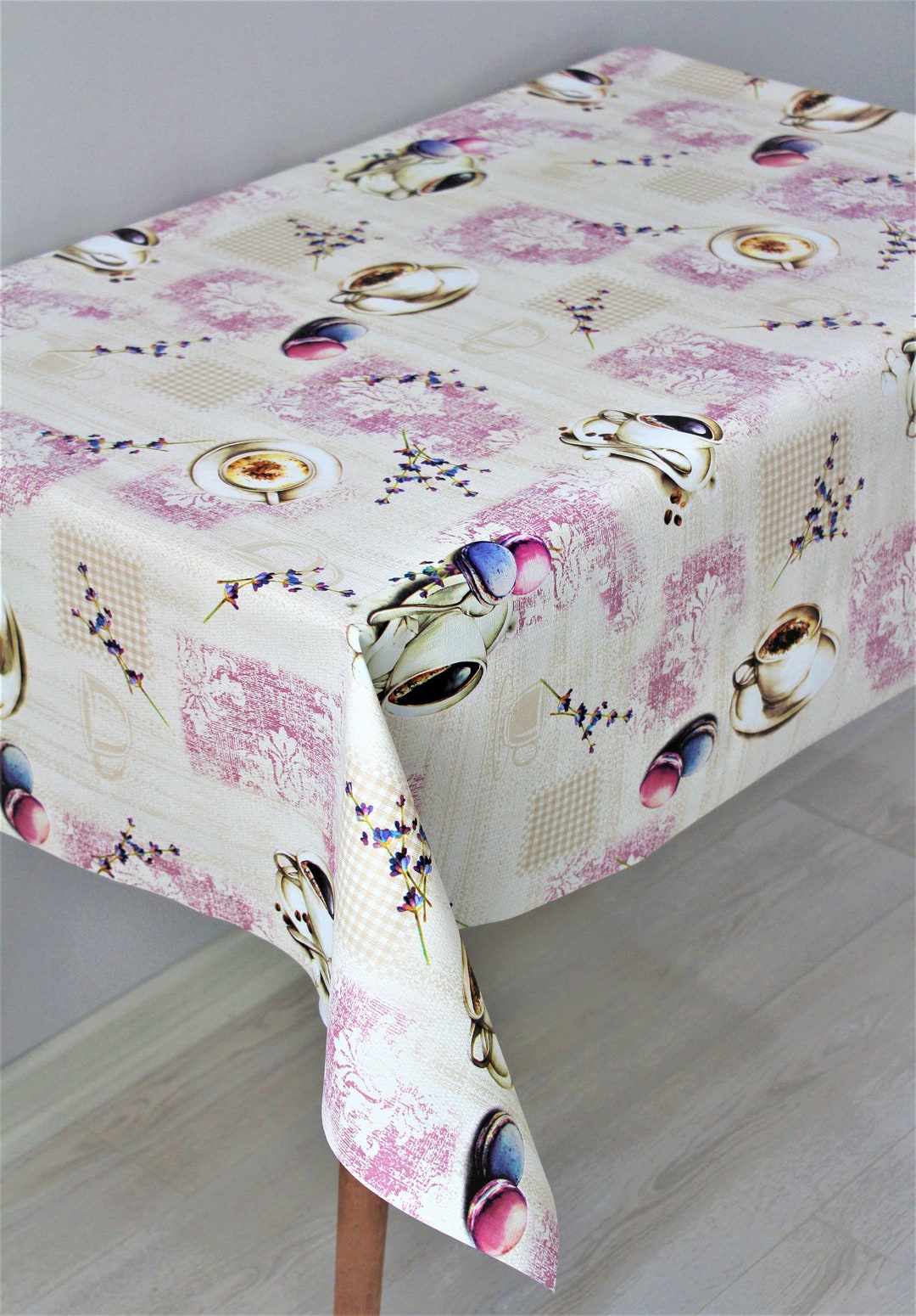 Coffee Cup Pattern Oilcloth, PVC Cover With Pink Detail Macaron Pattern ...
