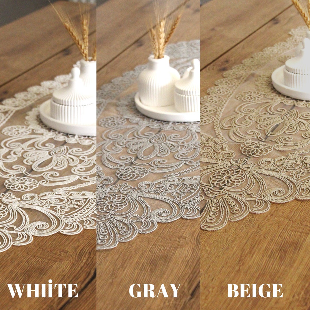 White Gray Beige French Lace Runner, Lace Overlay, Unique Lace Style ...
