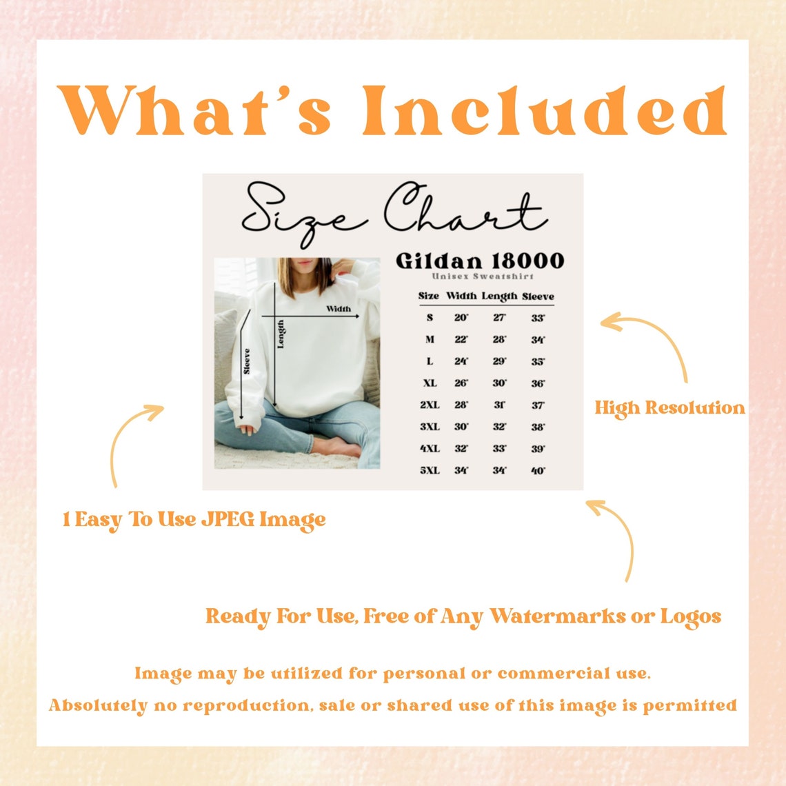 Gildan 18000 Size Chart, Model Size Chart for Gildan, Gildan White ...