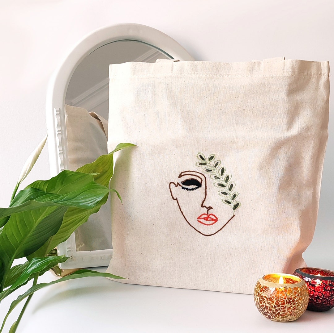 Embroidered Canvas Tote Bag Line Art Embroidery Tote Bag - Etsy