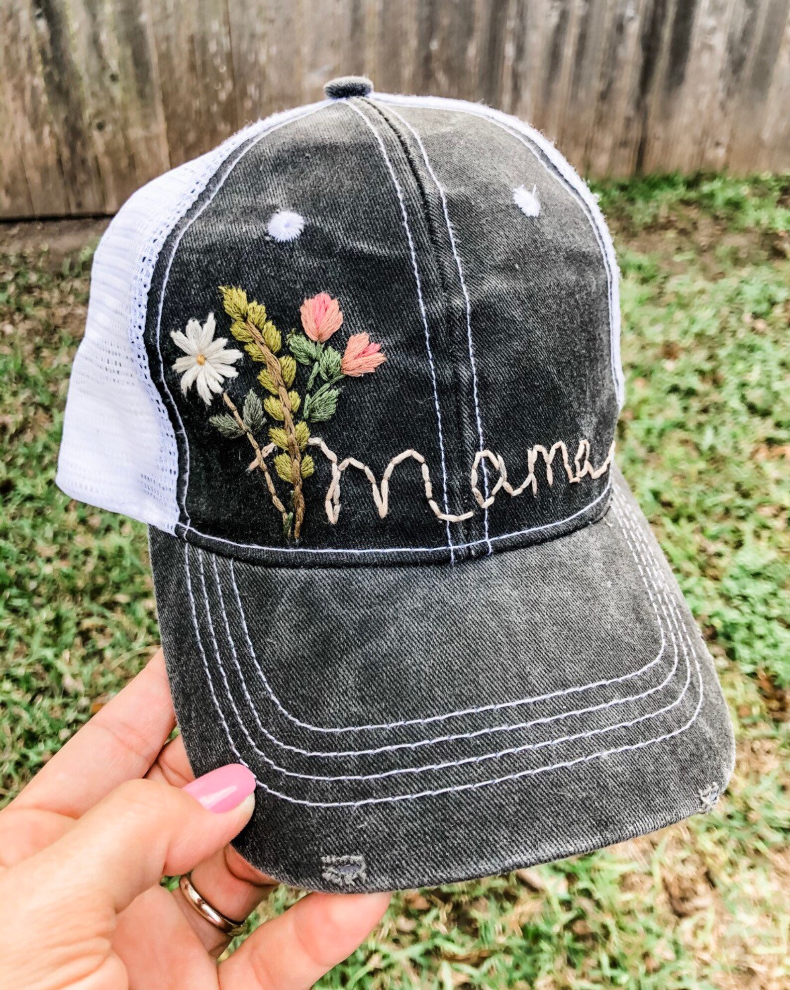 Mama Floral Hand Embroidered Cap - Hand Embroidery - Floral Embroidered ...