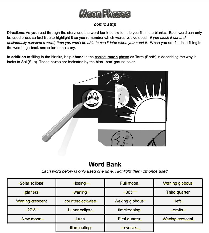 Moon Phase Comic Strip - Review / Study Guide - Worksheet - FUN! - Etsy
