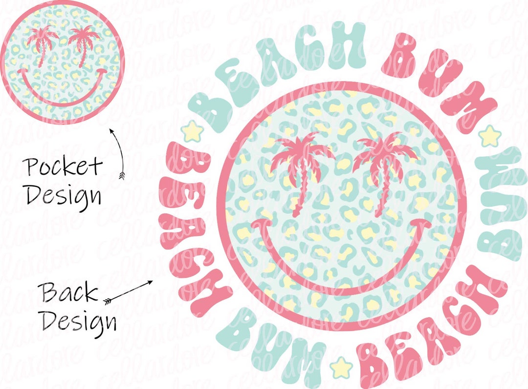 Beach Bum Palm Tree Smiley Face - Pocket and Back Design Set | DTF ...