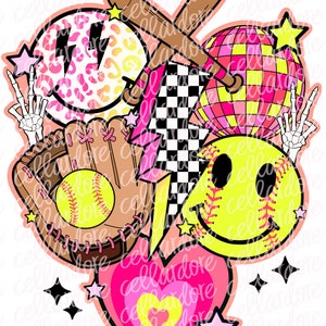 Smiley Softball Collage – Checkered Lightning Bolt, Dtf/sublimation ...