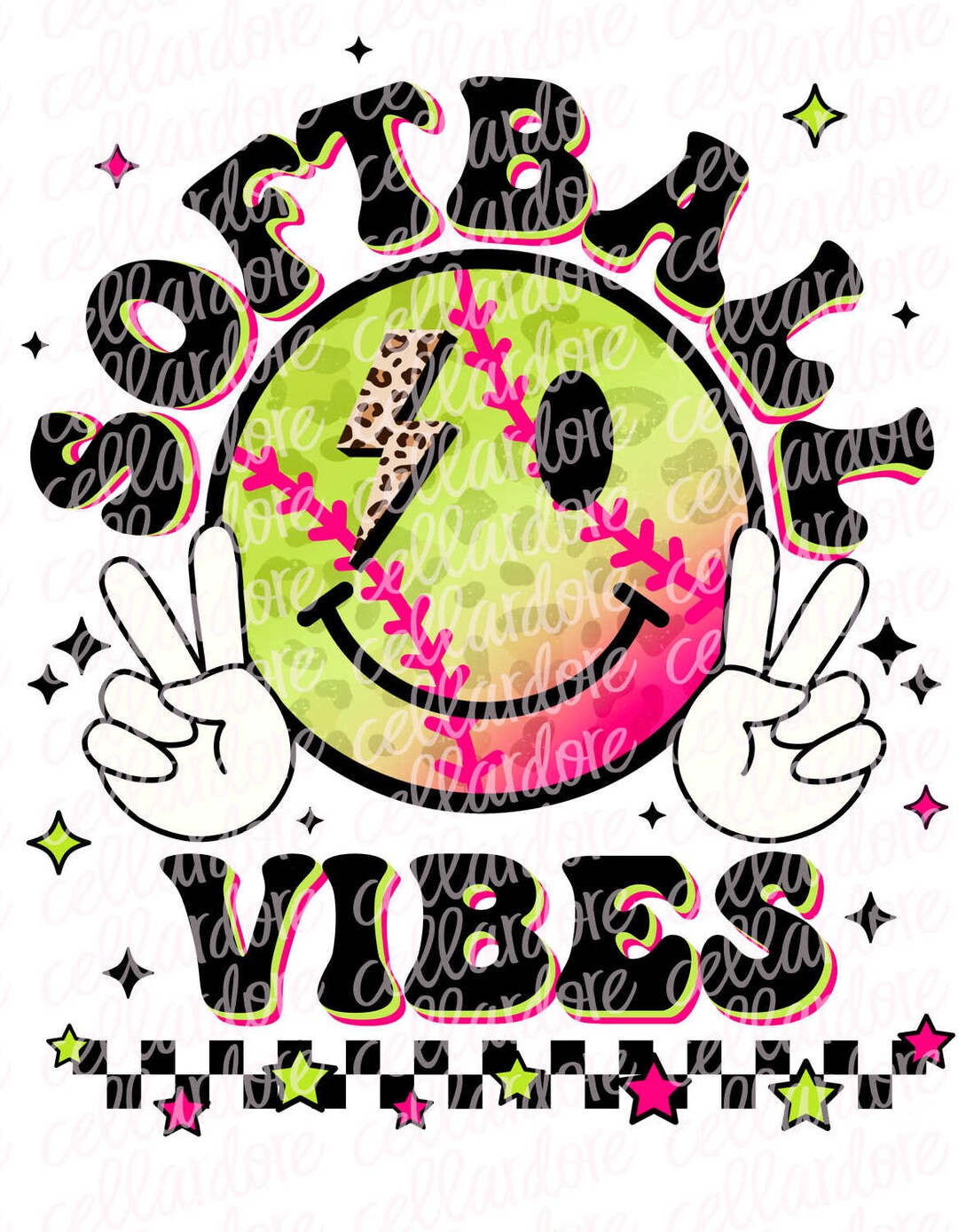 Softball Vibes Peace Smiley Face - 3 Design/color Options - DTF Ready ...