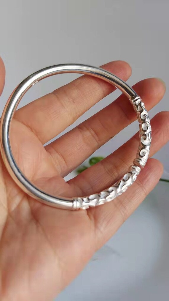 S999 Sterling Silver Unique Texture Open Bangle Adjustable for | Etsy