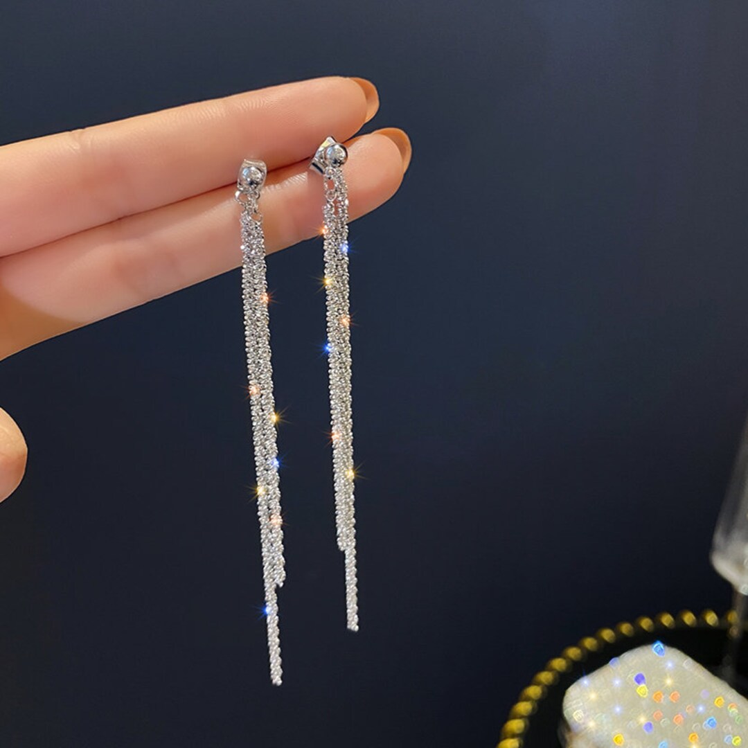 Long Chain Stud Earrings S925 Sparkle Chain Drop Earrings - Etsy UK