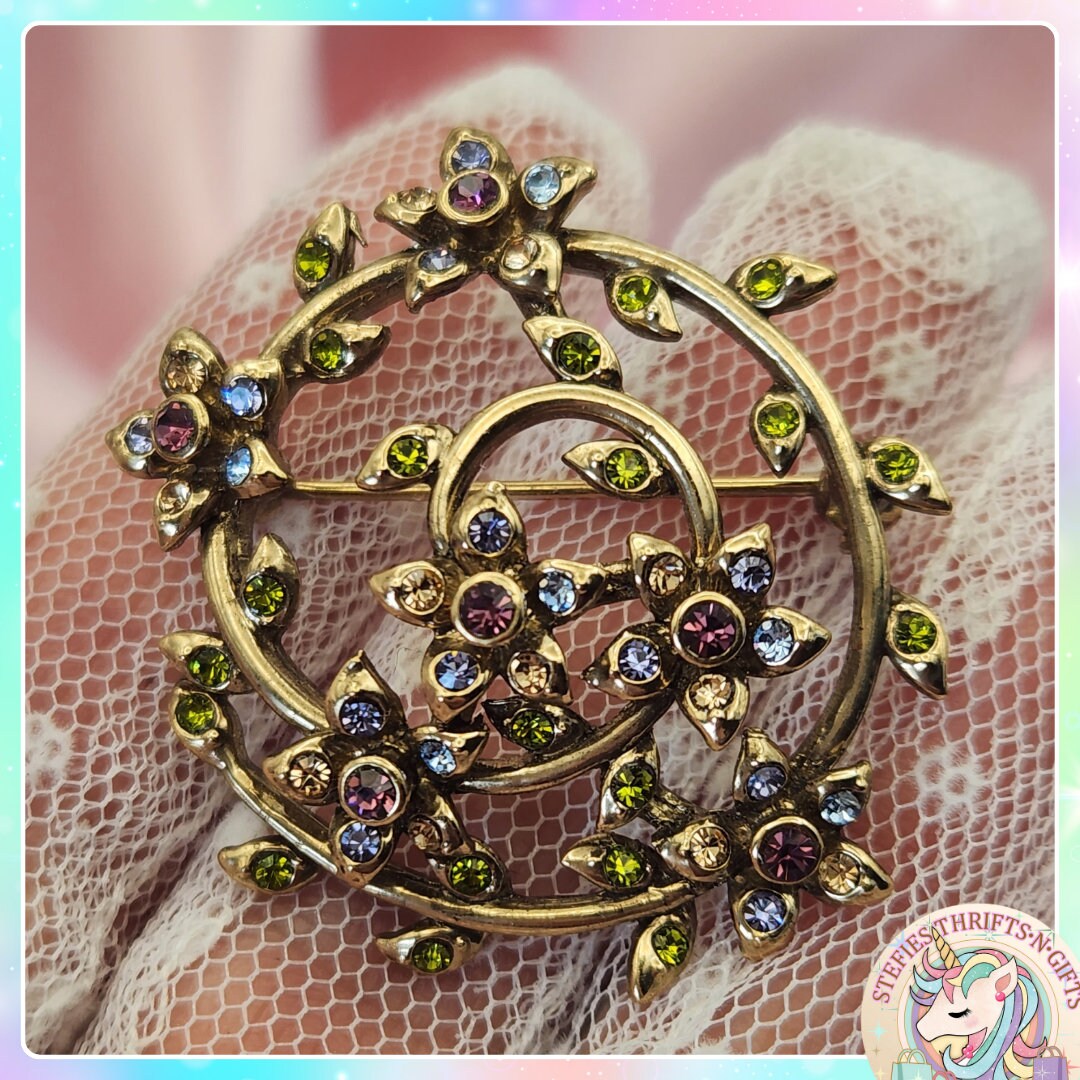 Vintage Monet Art Nouveau Flower Rhinestone Brooch Pin 1990s Signed ...