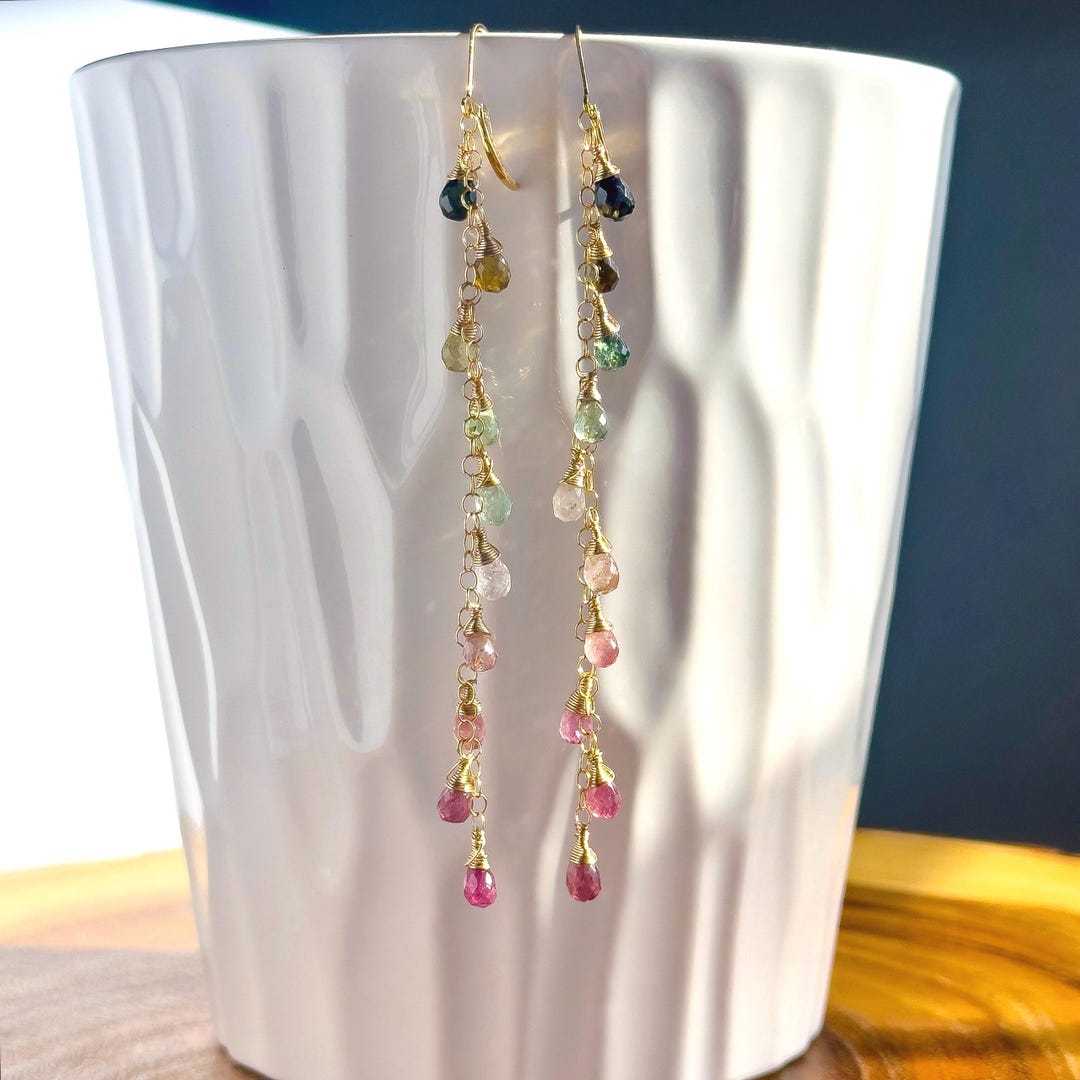 Long Tourmaline Gemstone Drop Earrings, 14k Gold Filled, Dramatic ...