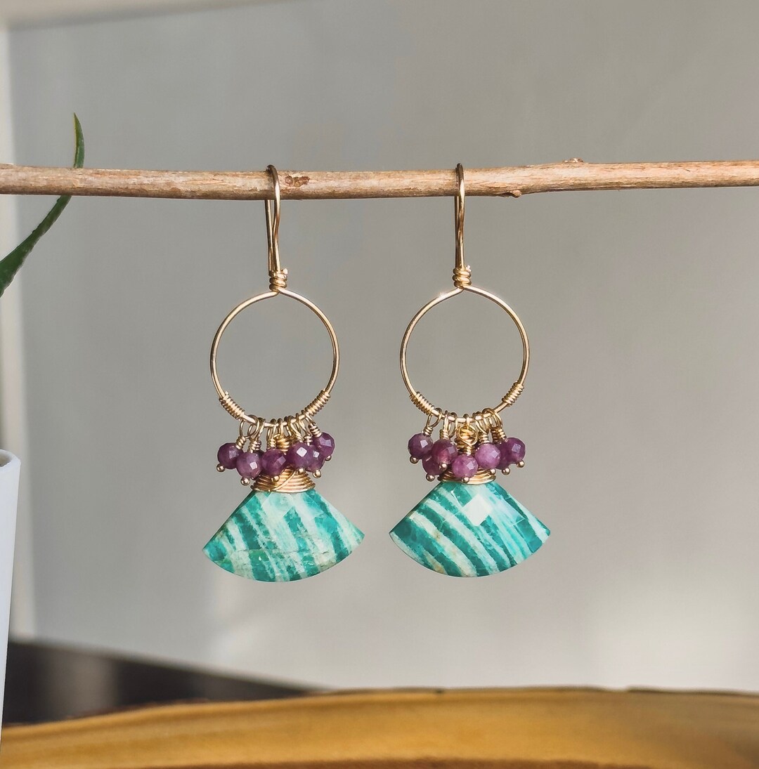 Luxe, Green Amazonite and Purple Ruby Gemstone Drop Hoop Earrings, 14k ...